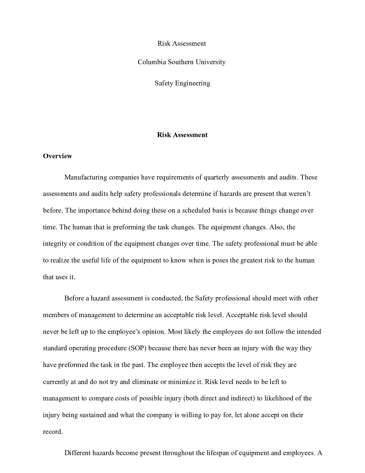 Risk Assessment.docx Risk Assessment Columbia Southern University Safety Engineering ...